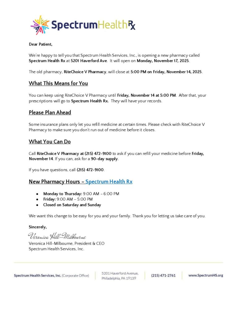 Pharmacy Letter - Spectrum Health Services, Inc. - Philadelphia